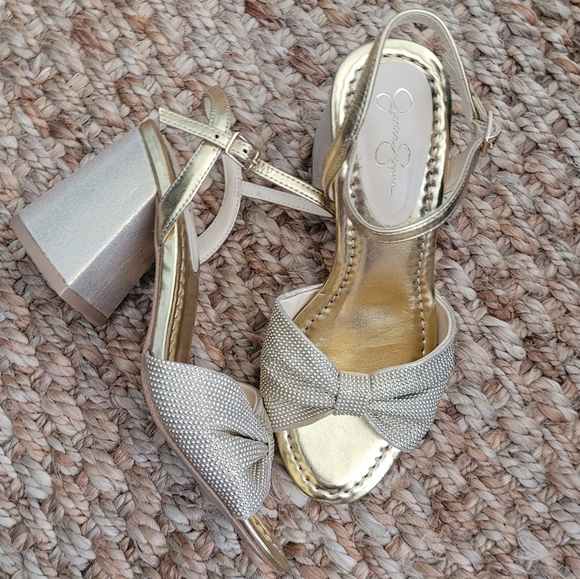 Jessica Simpson | Shoes | Jessica Simpson Gold Beaded Bow Block Heels ...